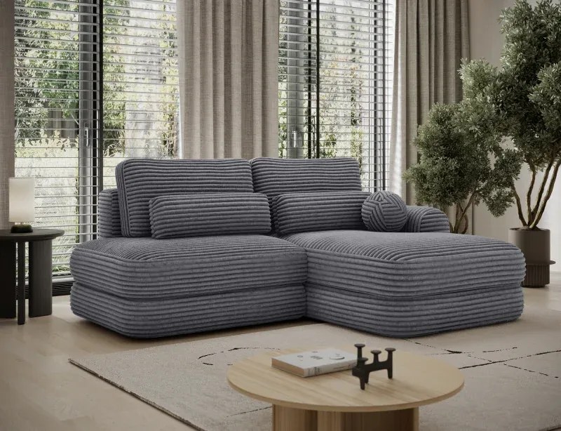Rohová sedací souprava Ripeli s funkcí spaní a úložným prostorem, šedý samet, pravé provedení