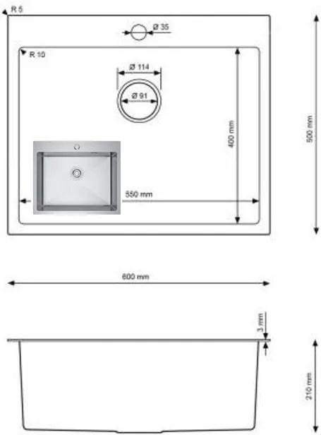 Erga HD, 1-komorový ocelový dřez 600x500x210 mm, ocelová, ERG-MLS-HD6050X