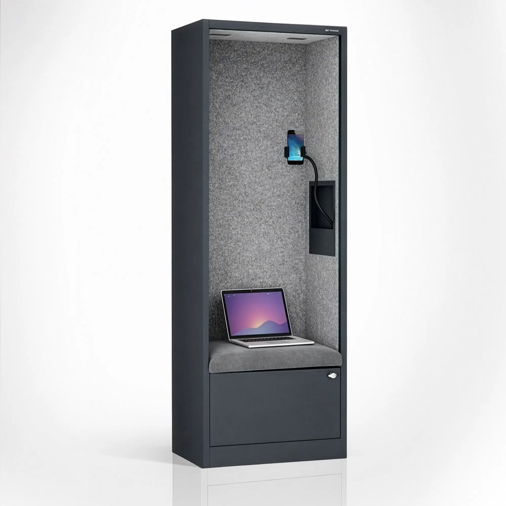 Kancelářská akustická kabina se sedátkem a USB-C portem, korpus antracitový / sedák šedá, 600 mm: SALLY MentalBox