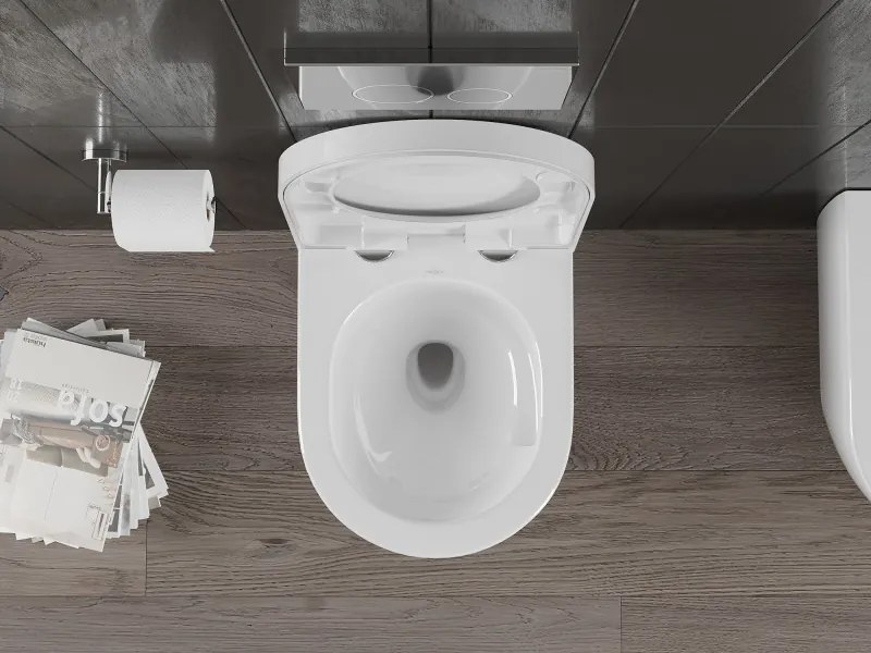 Mexen Carmen, závěsná WC mísa 490x365x340 mm, Rimless Tornádo + WC sedátko z duroplastu, bílá lesklá, 30880200T