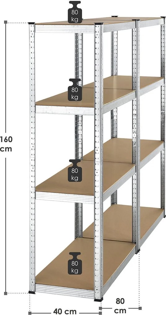 Juskys Kovové regály Easy 160 × 80 × 40 cm, 2 kusy Barva: šedá