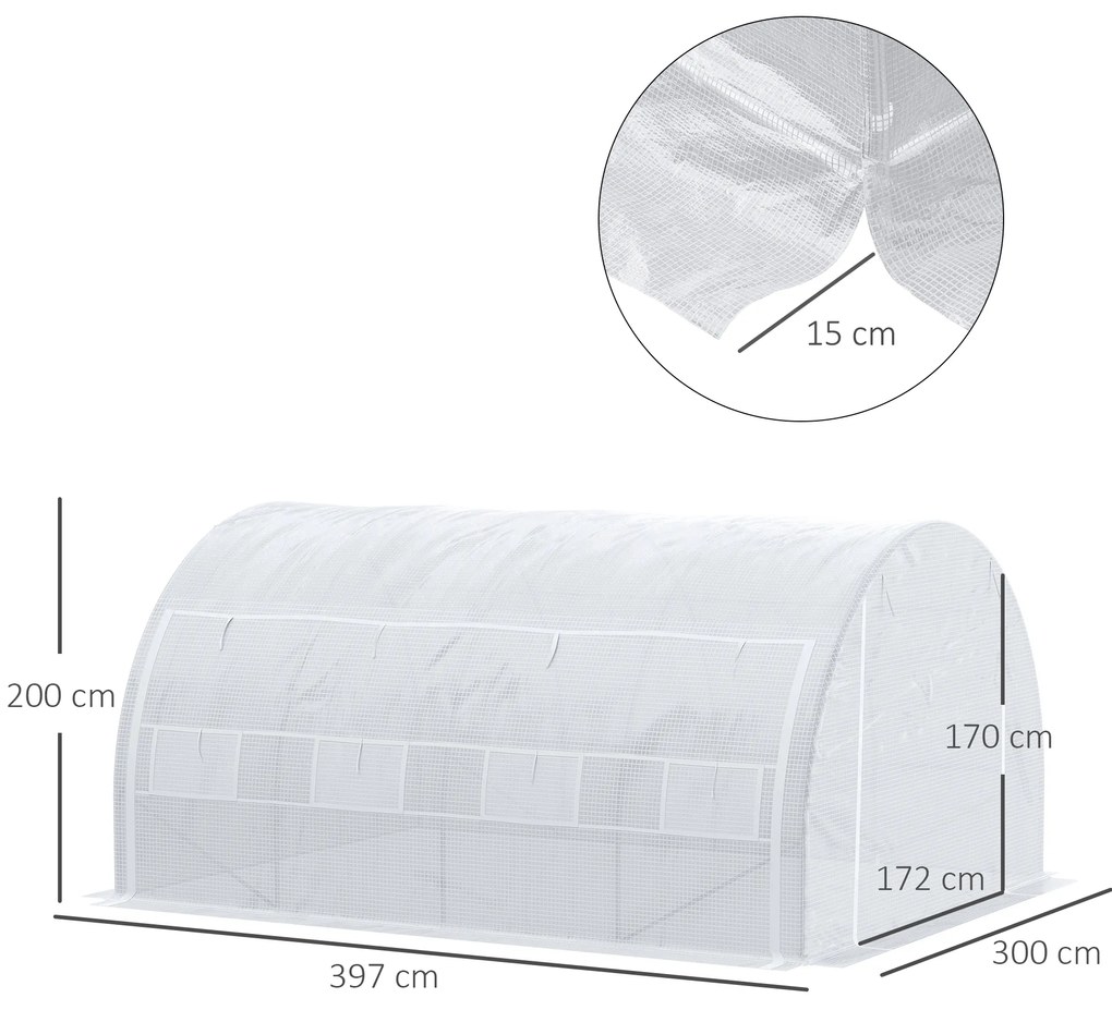 Fóliový skleník Outsunny 3,97 x 3,02 x 2 m s UV ochranou, větruodolný skleník na rajčata s ocelovými bočními dveřmi v bílé barvě