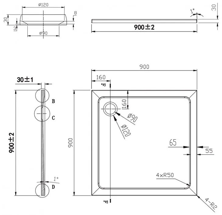 Olsen Spa Čtvercová mramorová sprchová vanička VENETS Rozměr A - 90 cm, Rozměr B - 90 cm VANKCTVE90