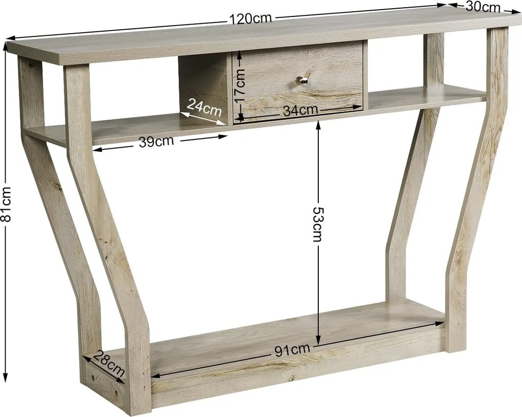 Costway Dřevěný konzolový stůl se zásuvkou a policí – 120 × 30 × 81 cm, šedá