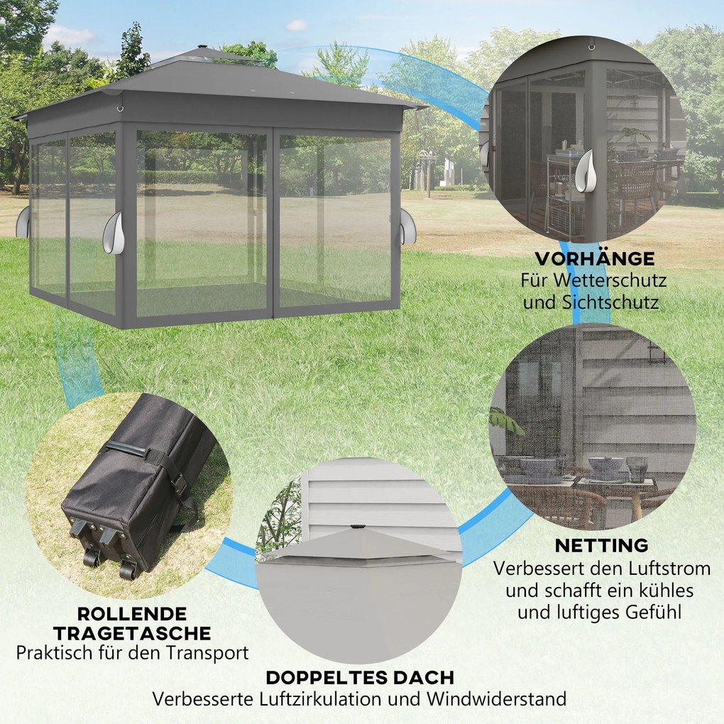 Skládací altán Outsunny cca 3 x 3 m, altán s LED, 4 síťové závěsy, boční stěna, zahradní altán s vakem na vodu, dvojitá střecha, taška na přenášení, …