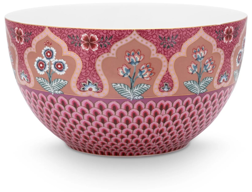 Pip Studio Flower Festival miska Ø18cm, tmavě růžová (Větší miska z tenkostěnného porcelánu Scallop Deco Dark PInk)