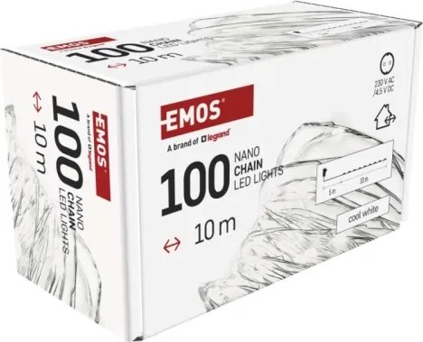 Vánoční osvětlení EMOS D3AC01 ZY1427T 100LED nano řetěz stříbrný 10m studená bílá s časovačem
