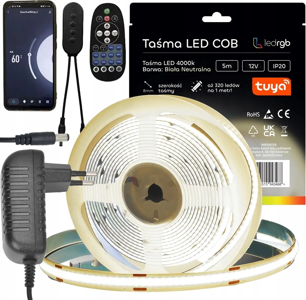 Sada Led pásků Neon Cob 12V 5 m 4000K Bílá Neutrální Wifi Tuya Stmívač