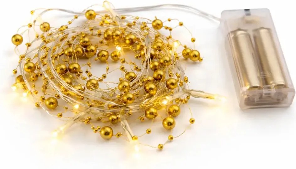 LED světýlka na baterie, perly zlaté, 1,3 m, teple bílá, 10 diod, čirý kabel, IP20 interiér, 2 × AA