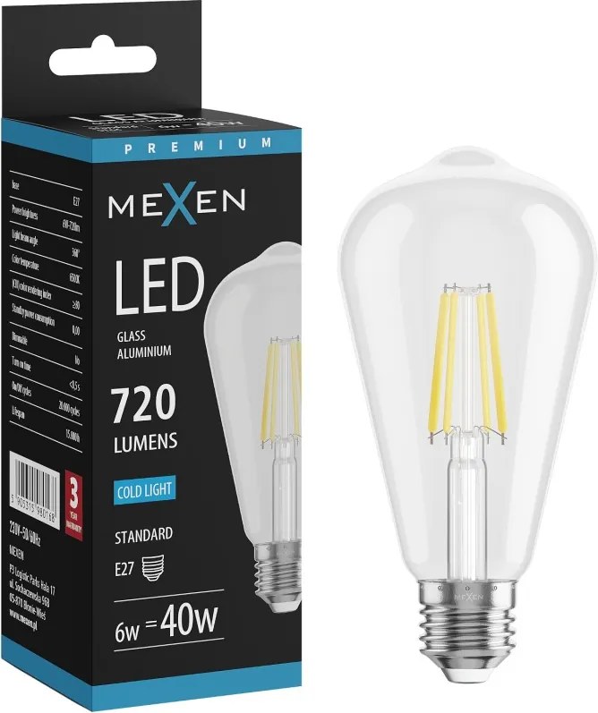 Mexen Vintis, LED filamentová žárovka E27, ST64, 6 W, studená bílá 6500K, čirá, L152-E27-0665-00