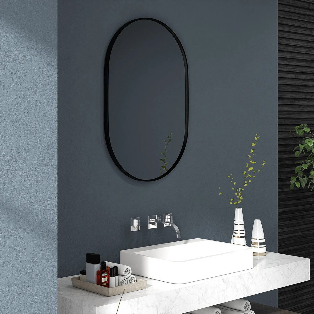 HOMCOM Oválné Koupelnové Zrcadlo 60x90cm z Tepelného Skla, Moderní Nástěnné Zrcadlo s Hliníkovým Rámem, Vertikální/Horizontální Montáž, pro Ložnici, …