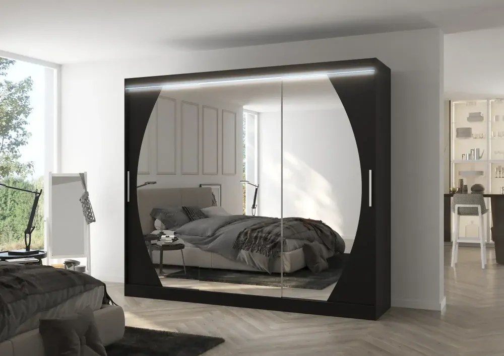 Posuvná skříň se zrcadlem a LED osvětlením CAMBE 250 černá