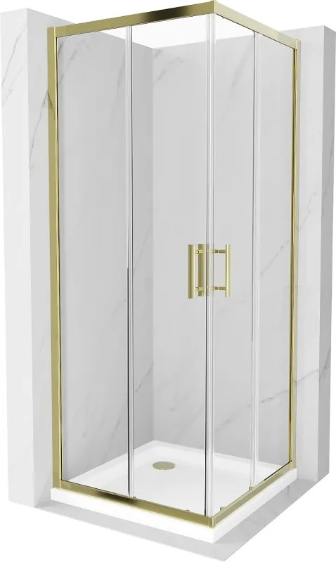 Mexen Rio, čtvercový sprchový kout s posuvnými dveřmi 70 (dveře) x 70 (dveře) x 190 cm, 5mm čiré sklo, zlatý profil + sprchová vanička SLIM se zlatým sifonem, 860-070-070-50-00-4010G