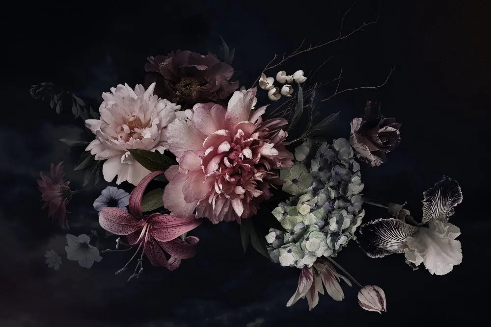 Vícedílný obraz Květiny Ve Stylu Vintage Na Tmavém Pozadí Nedostatek Nedostatek Přírodní plátno 90x60