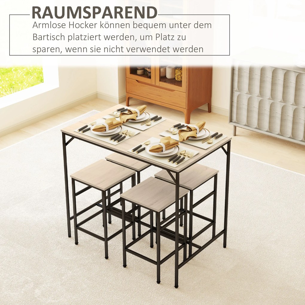 HOMCOM Barový set 5dílný s vysokým stolem a 4 barovými židlemi, kuchyňská linka, jídelní set, ocelový dub černý 100x60x88cm | Aosom.de