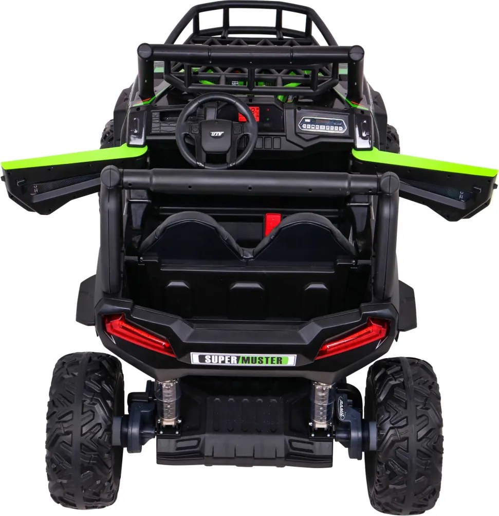 Ramiz Elektrická terénní bugina UTV pro děti zelená + dálkové ovládání + zavazadlový prostor + pomalý start + EVA kola + MP3 LED