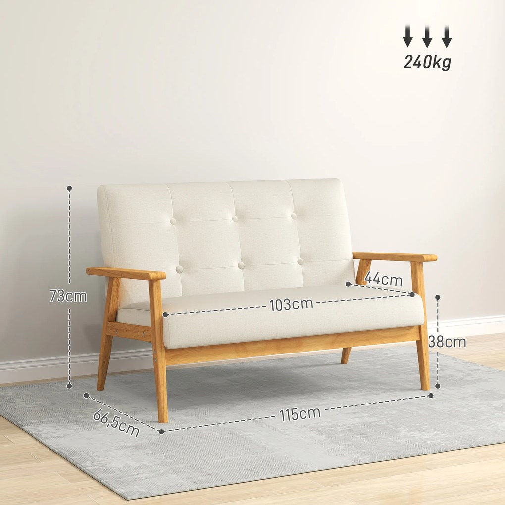 HOMCOM 3místná pohovka 115 cm, skandinávská pohovka s knoflíkovým opěradlem, polstrovaným sedákem a opěrkami, béžová