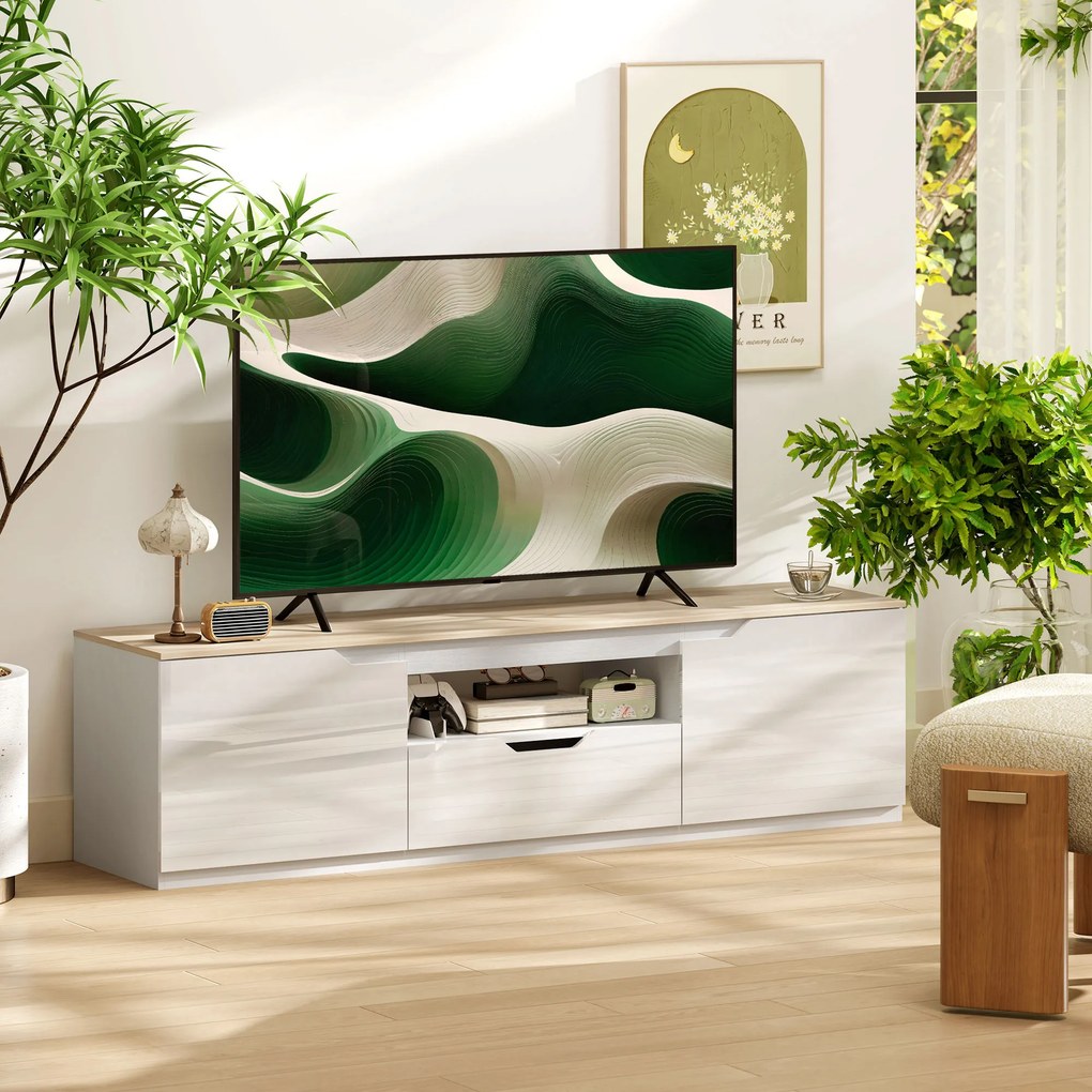 HOMCOM TV nízká komoda, vysoký lesk, pro televizi až 65'', 3 přihrádky, zásuvka, 160 x 38 x 43 cm, přírodní dřevo