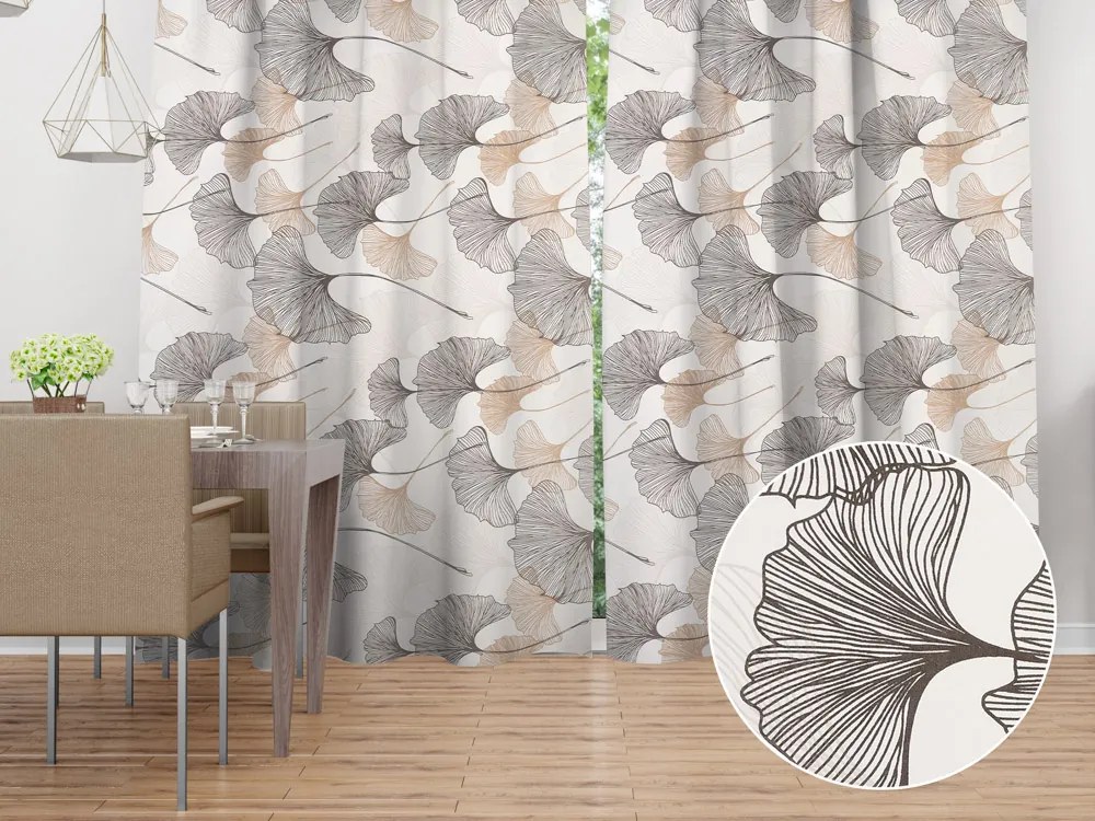 Biante Bavlněný závěs Sandra SA-411 Hnědé Gingko listy na bílém 150x250 cm