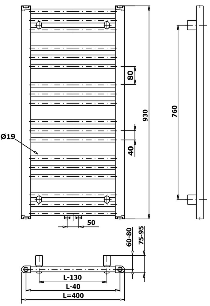 Bruckner Bruckner, ALBRECHT topné těleso 400x930 mm, středové připojení, černá matná, 600.111.6