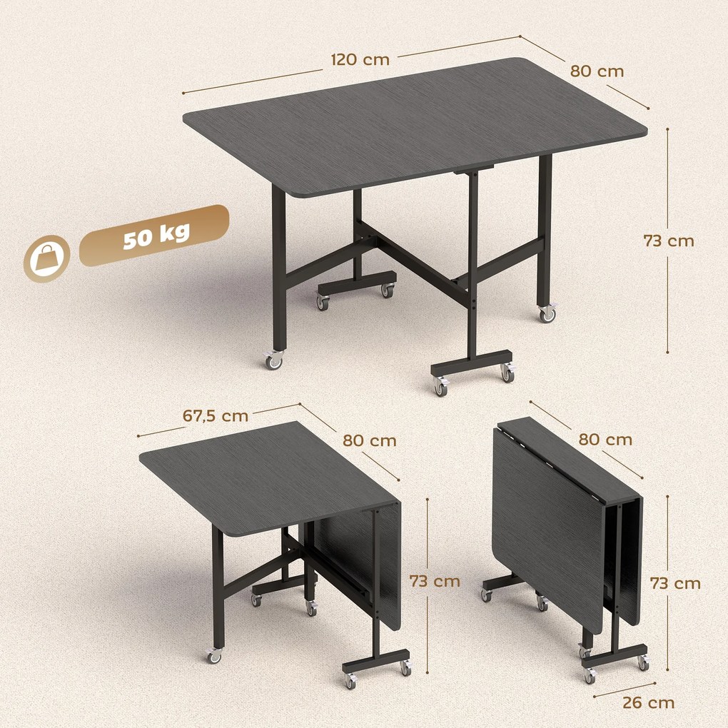 HOMCOM skládací jídelní stůl pro 4–6 osob s kolečky a sklápěcími deskami, černý, 120 × 80 × 73 cm