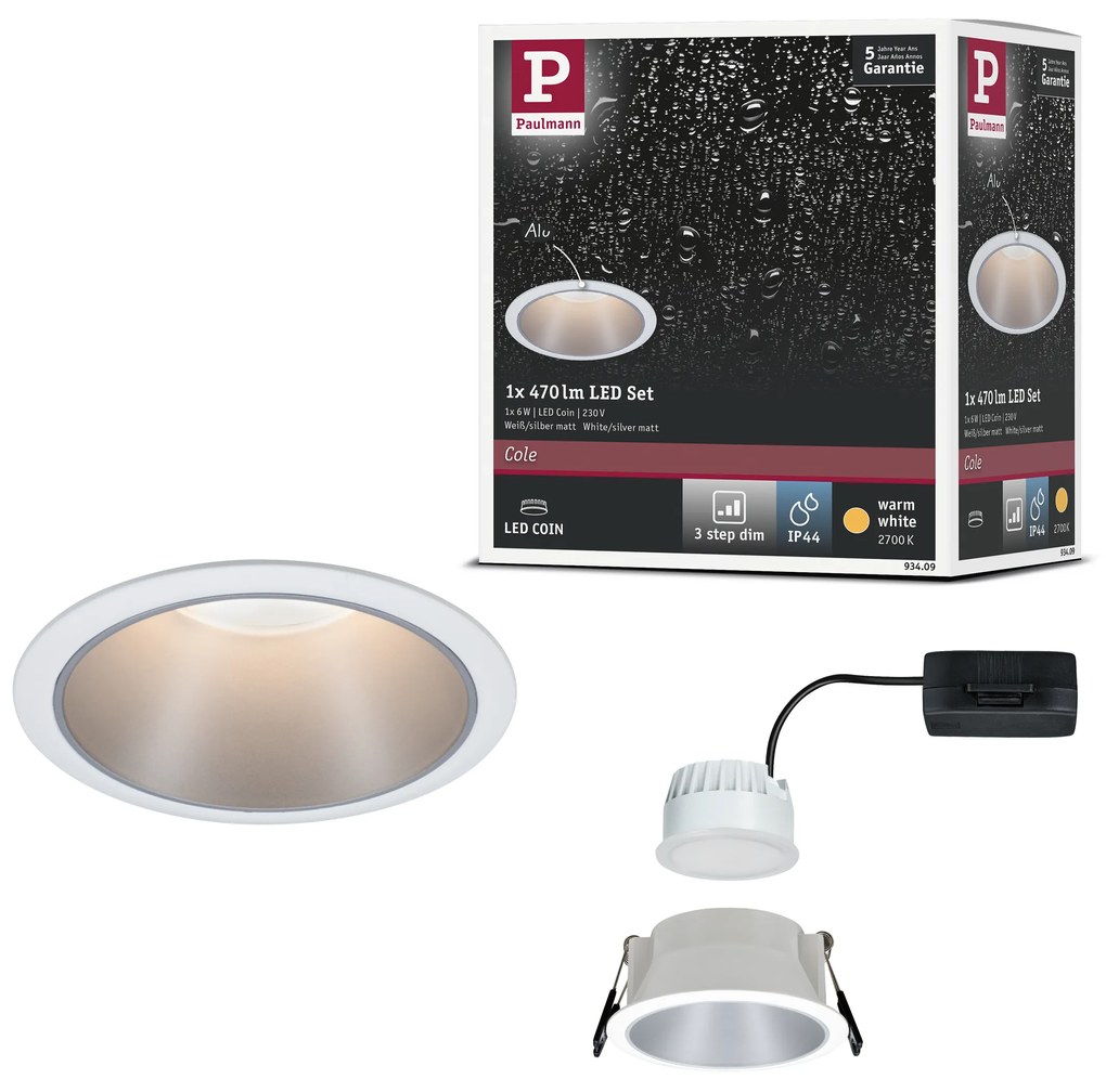 Paulmann 93409 LED Cole, bodovka v bílo-stříbrné úpravě, 1x6,5W LED 2700K tříkrokové stmívání, prům. 8,8cm, IP44