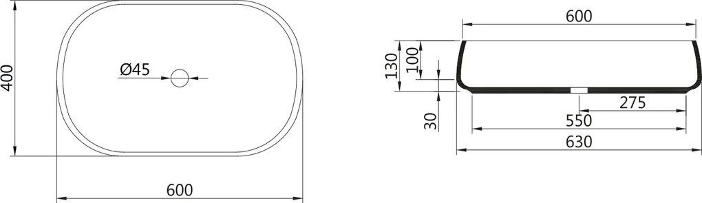 Sapho JUMPER WH070 keramické umyvadlo na desku 60x13x40 cm bez přepadu