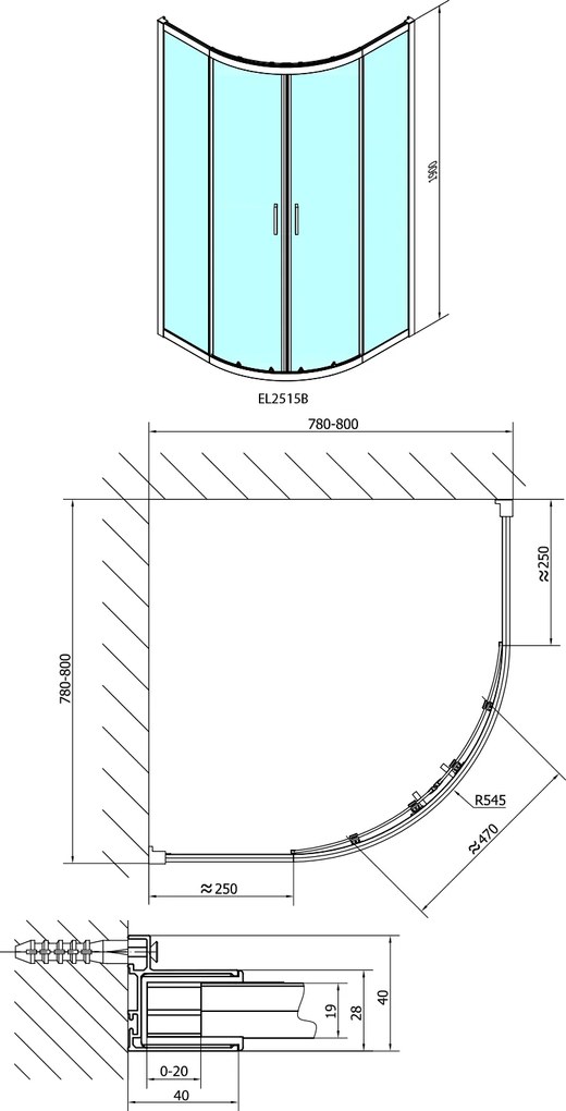 Polysan Polysan, EASY BLACK čtvrtkruhová sprchová zástěna 800x800mm, L/R, čiré sklo, EL2515B