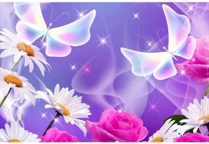 DIMEX | Samolepicí vliesová fototapeta na zeď Motýlci MA-5-0113 | 375 x 250 cm | bílá, fialová, růžová