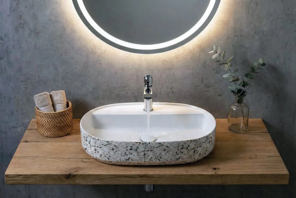 Isvea Infinity Oval keramické umyvadlo na desku 60 x 40 cm s otorem pro baterii bez přepadu terrazzo bílá 10NF65060-2L-TRZ