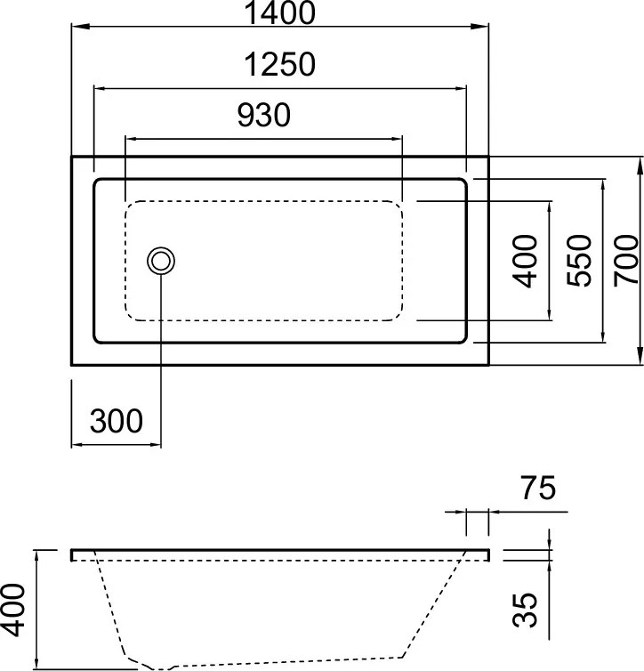 Erga Pureline-S, vana 1400x700x400 mm bez nožiček, bílá lesklá, ERG-V07-PURELINE-S-140x070-WH