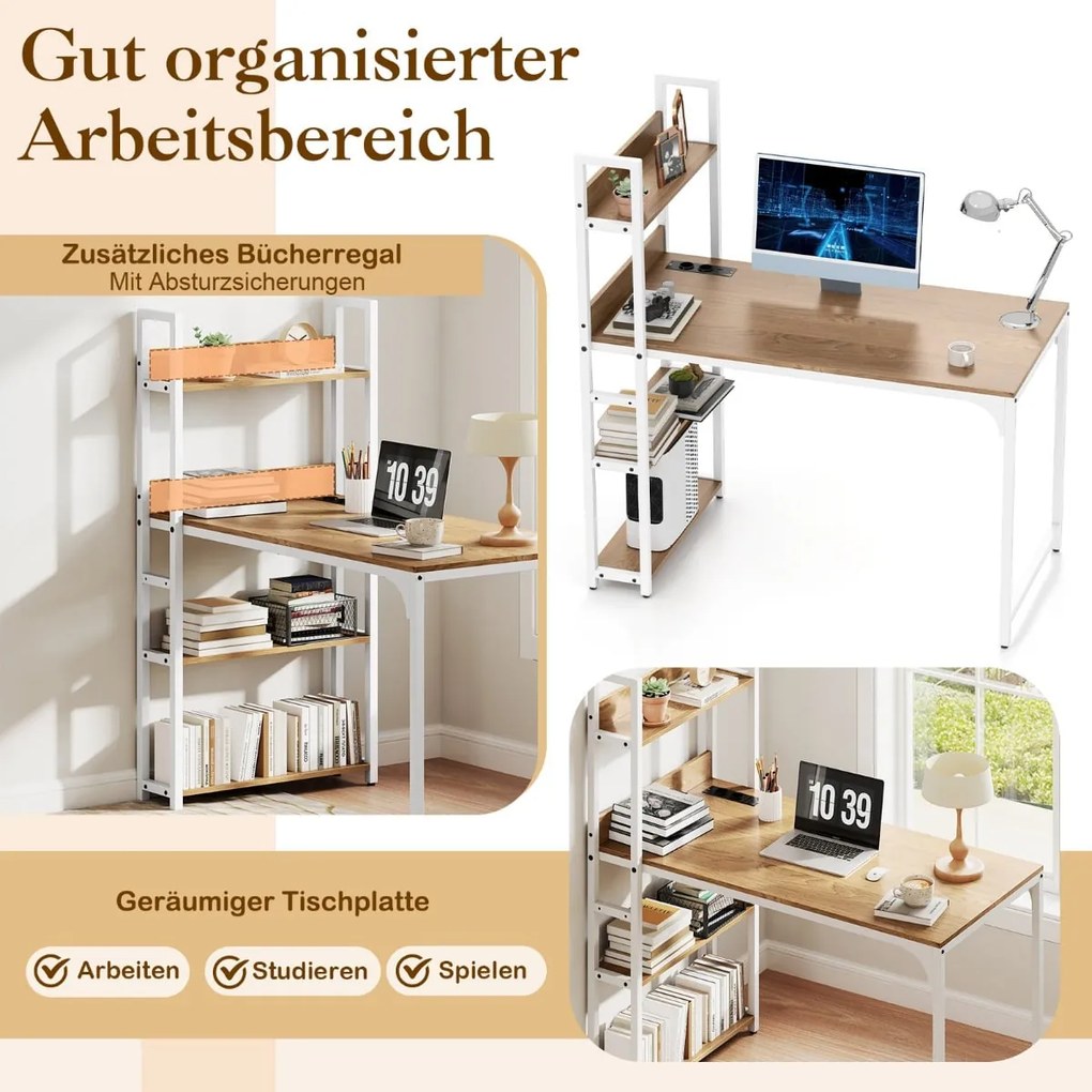 Costway Stůl s nabíjecí stanicí s otevřenou knihovnou natural – 120 × 65 cm