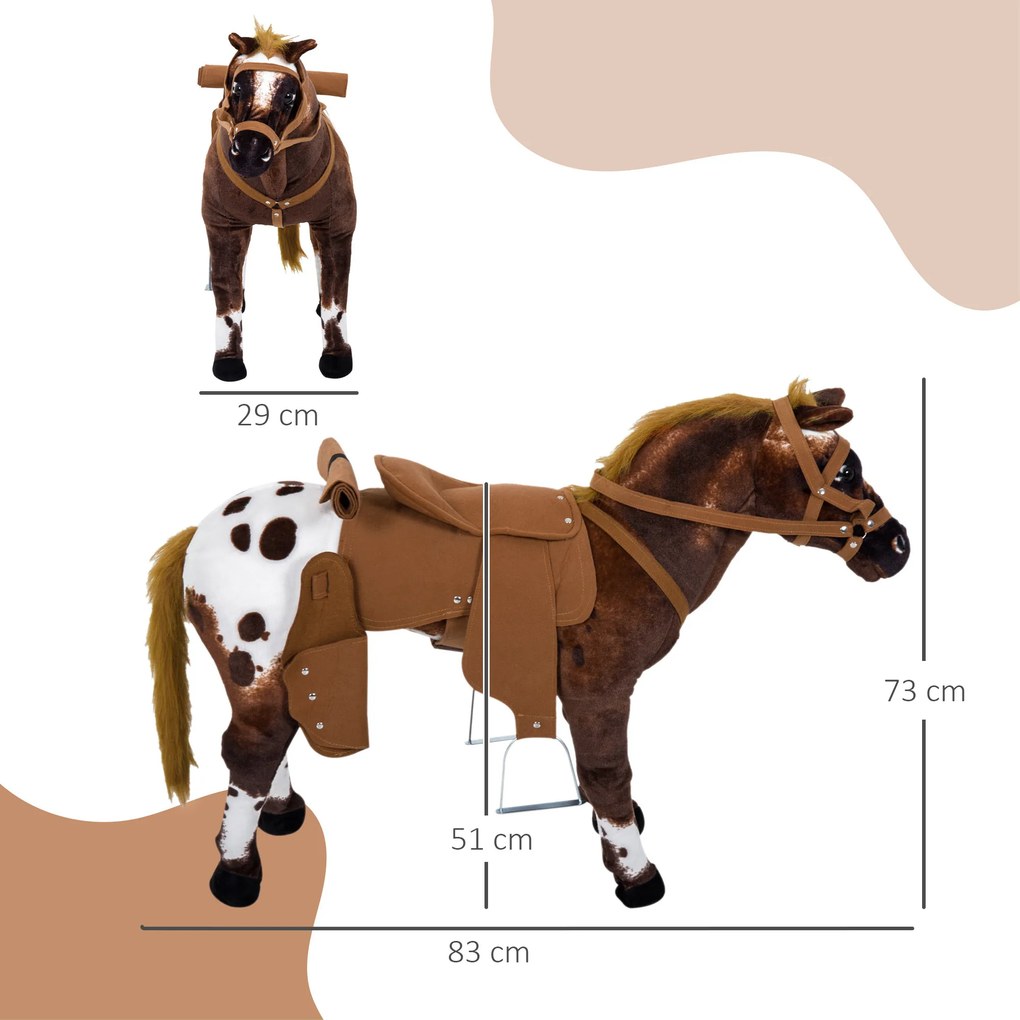 HOMCOM Jezdecký kůň na hraní pro děti se zvukem, plyšová hračka z kovu, hnědobílá barva, 85x28x60cm, ideální pro zábavu a hry |