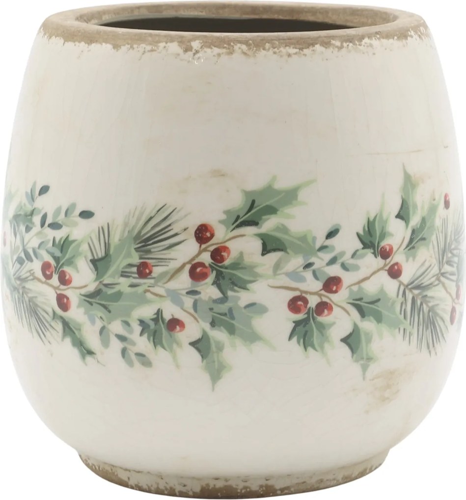 Béžový keramický květináč s cesmínou Holly Christmas Antique – Ø 15*14,5 cm