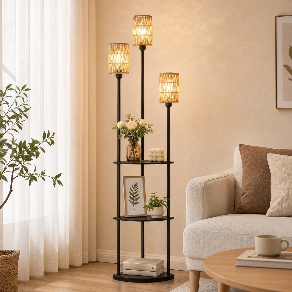 HOMCOM Boho stojací lampa se 3 plameny, stojací lampa s 3 policemi, stínidlo z papírového provazu, černá