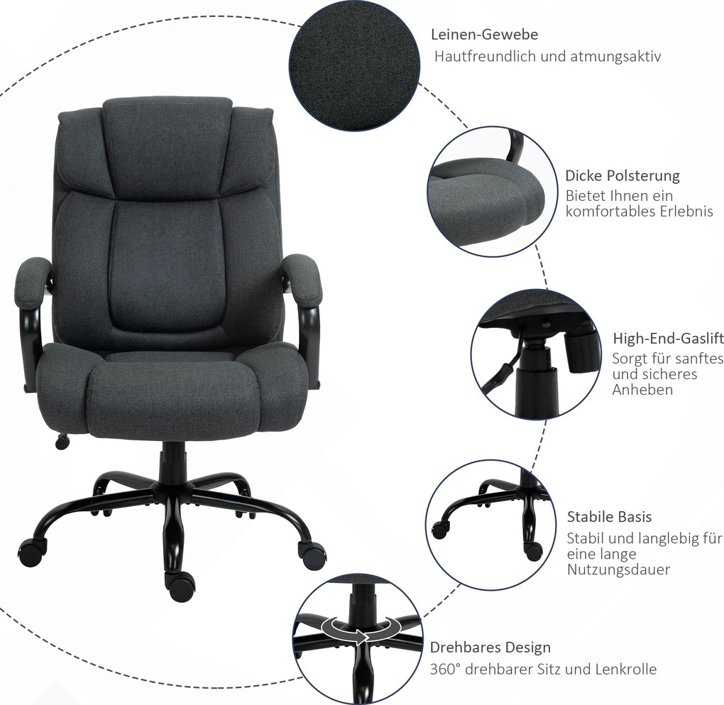 Vinsetto Kancelářská židle, ergonomická židle ke stolu, otočná židle s polstrovanými područkami, nosnost až 220 kg, šedá