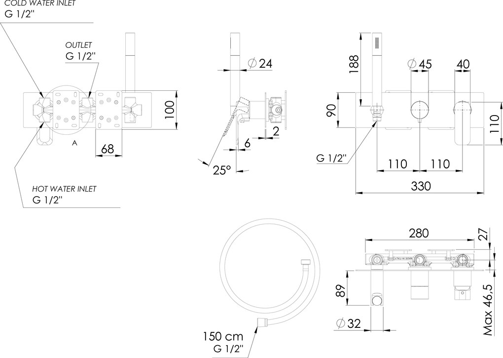 Sapho SPY podomítková sprchová baterie s ruční sprchou 2 výstupy černá mat PY52/15