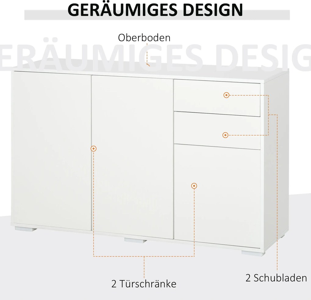 HOMCOM Příborník bílý Komoda se 2 zásuvkami a 3 dvířky, víceúčelová skříň, skříňka na dokumenty, 117x36x74cm