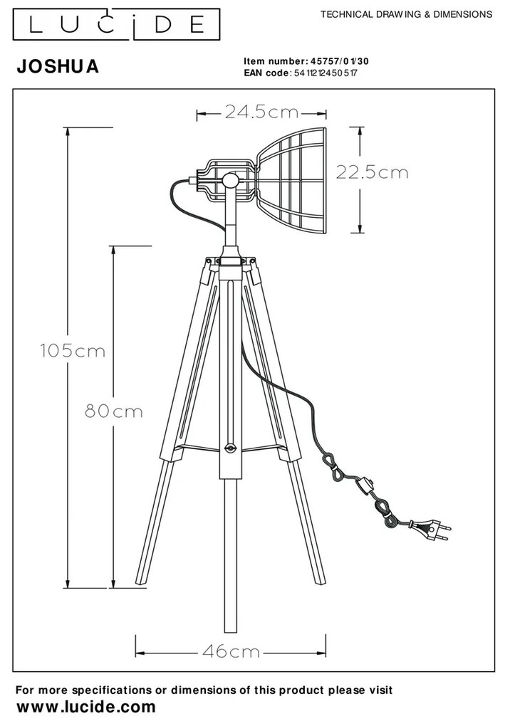 Lucide 45757/01/30 stojací lampa Joshua, černá, E27, 105cm