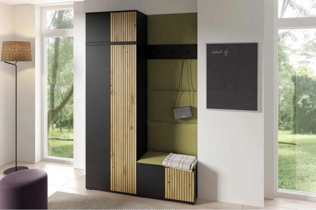 Eka Předsíňová stěna s čalouněnými panely Joey 2 - Černá a Dub Artisan / Khaki zelená 2327