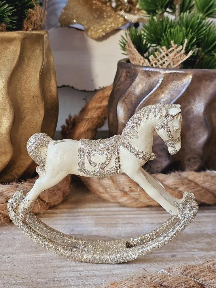 Béžová antik dekorace houpací koník s glitry - 11*2,5*10 cm