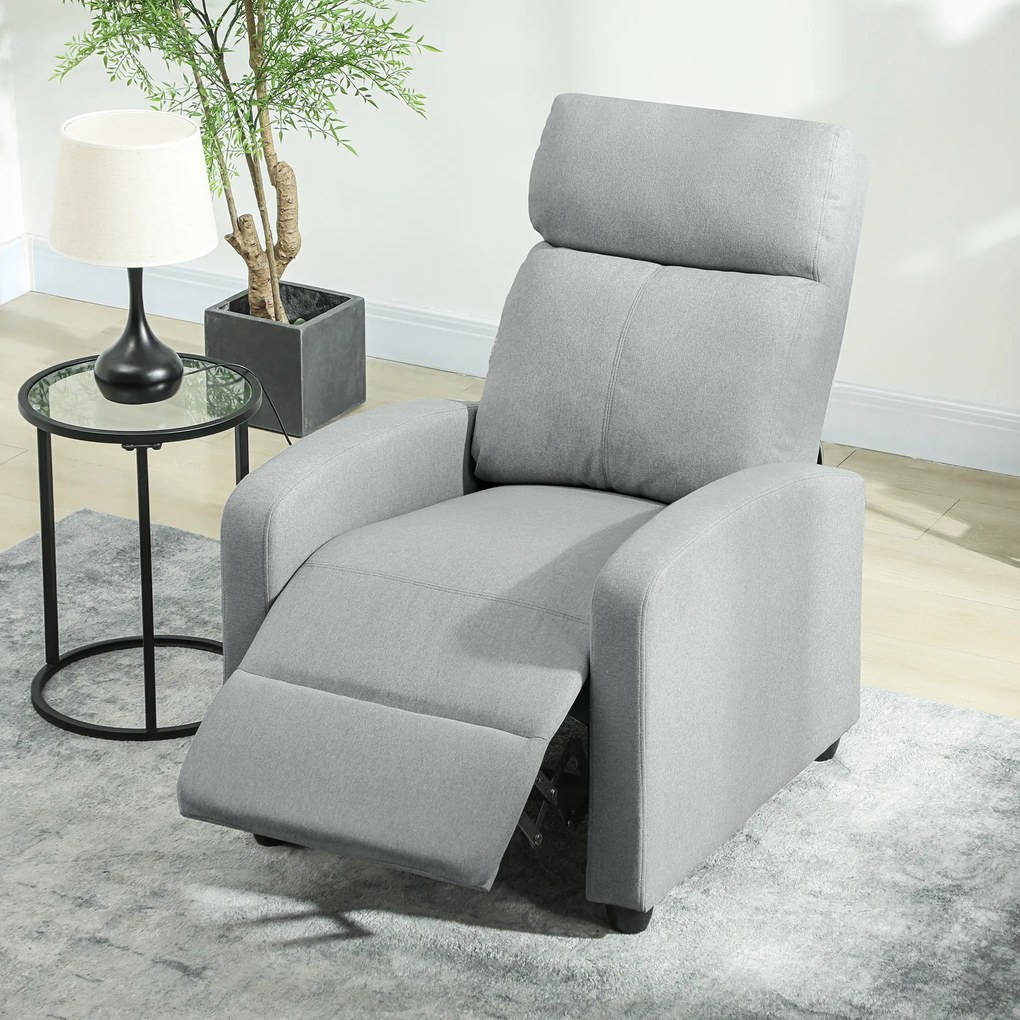 HOMCOM Relaxační křeslo, nastavitelné 135°, vysouvací podnožka, polstrovaná opěradla, lněný/polyester, světle šedá