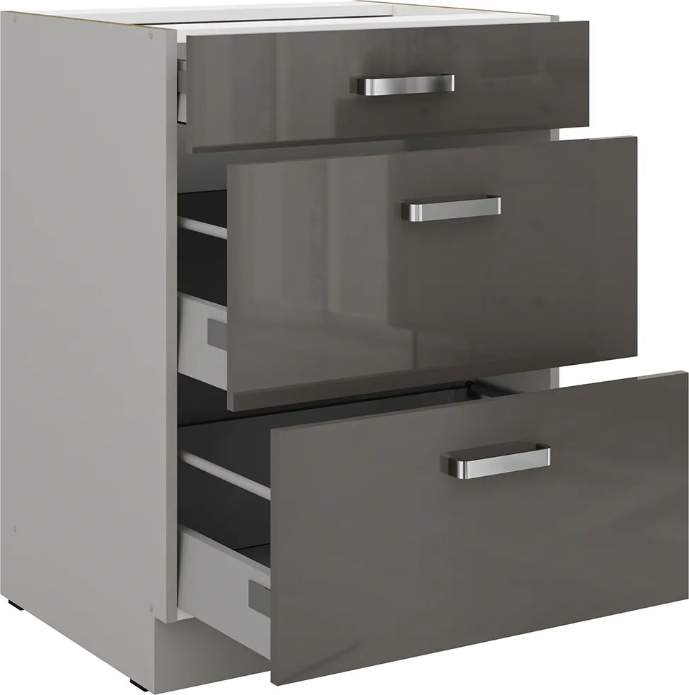 GREY gr | dolní skříňka 60 D 3S zásuvková | 60 cm | PREMIUM BOX | světle šedá/tmavě šedá lesk