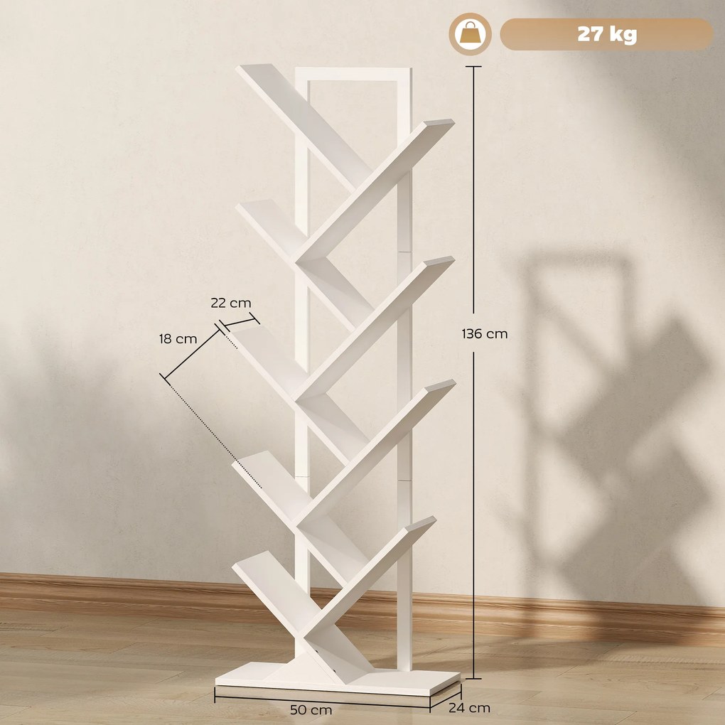 HOMCOM knihovna ve tvaru stromu s 9 policemi a protipřevracovým systémem pro obývací pokoj a ložnici, 50x24x136 cm, bílá