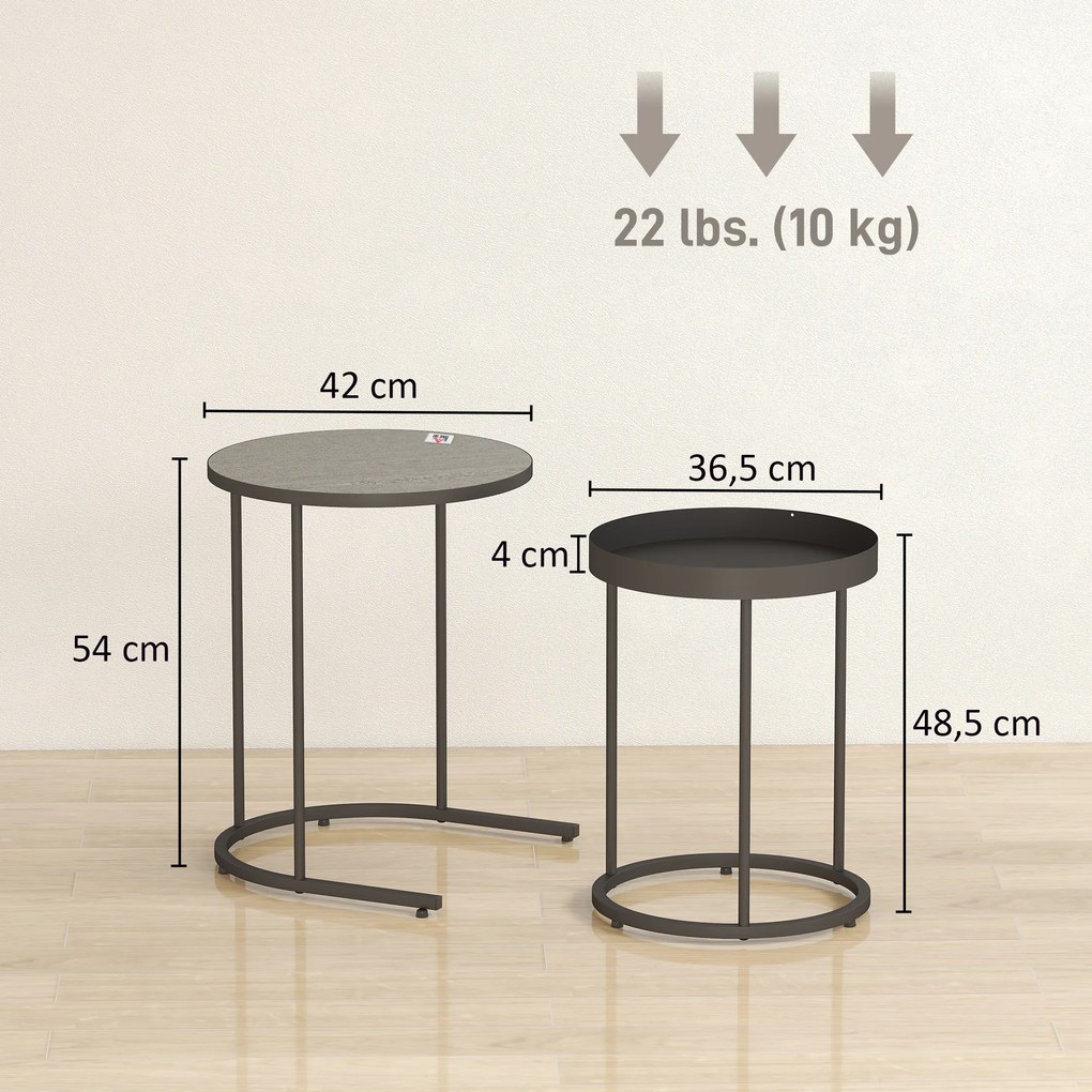 HOMCOM Sada 2 obývacích stolů, zasouvací, design podnosu, kov, šedá
