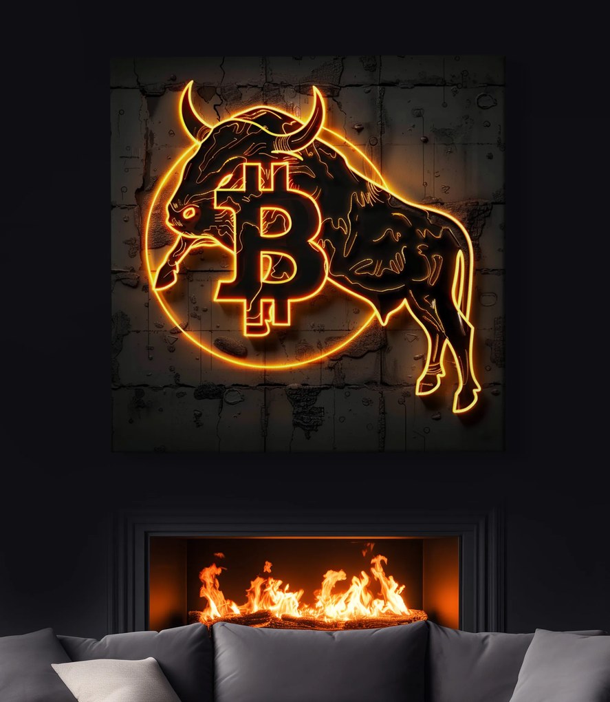 Obraz na plátně - Bitcoin Býk, neon logo FeelHappy.cz Velikost obrazu: 100 x 100 cm