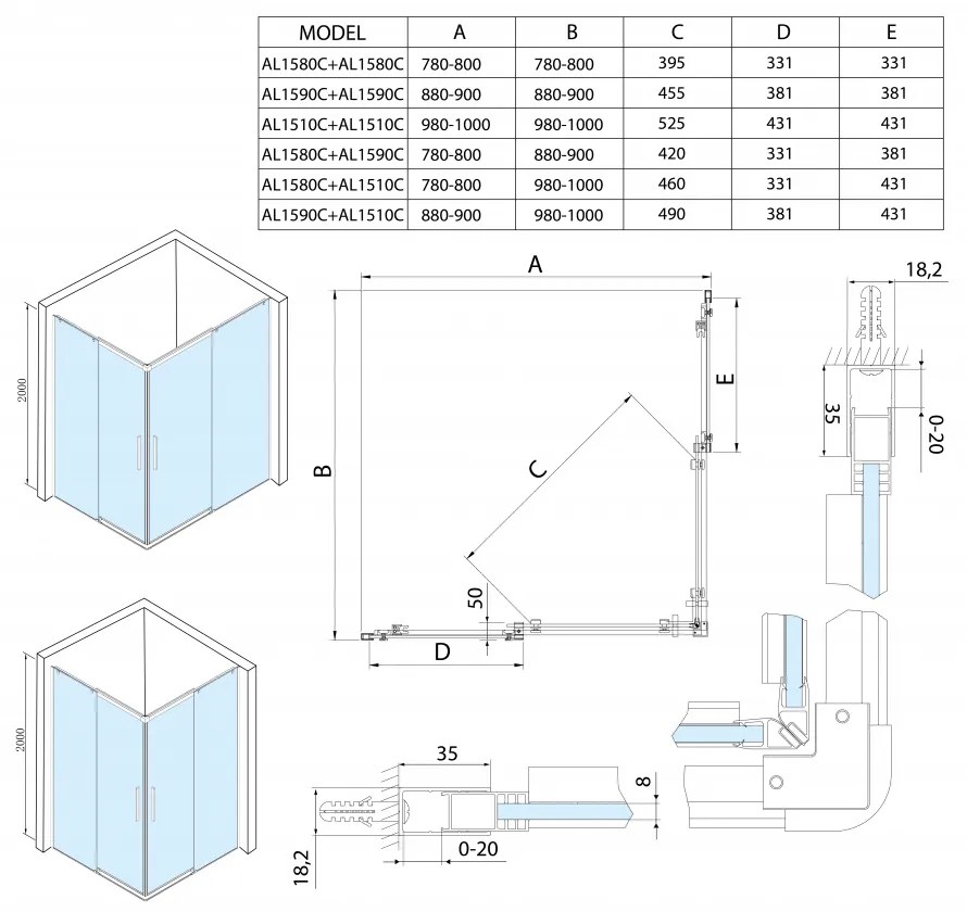 Polysan ALTIS LINE obdélníkový sprchový kout 1000x800 mm, L/P varianta, rohový vstup, čiré sklo AL1510CAL1580C