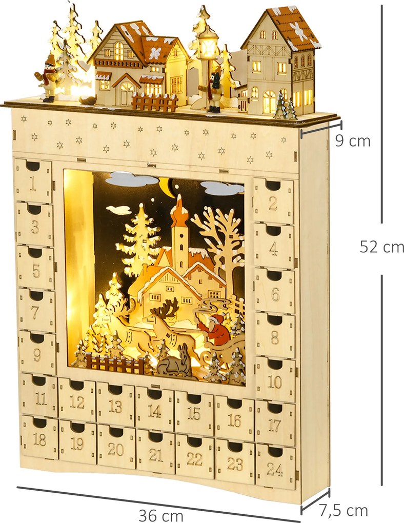 HOMCOM Adventní kalendář k naplnění, 24 šuplíků, přihrádky, vánoční kalendář s LED světly, přírodní dřevo, 36 x 9 x 52 cm
