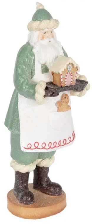 Vánoční dekorace Santa Claus pekař s perníkovým domečkem v zeleném šatu – 11x11x30 cm