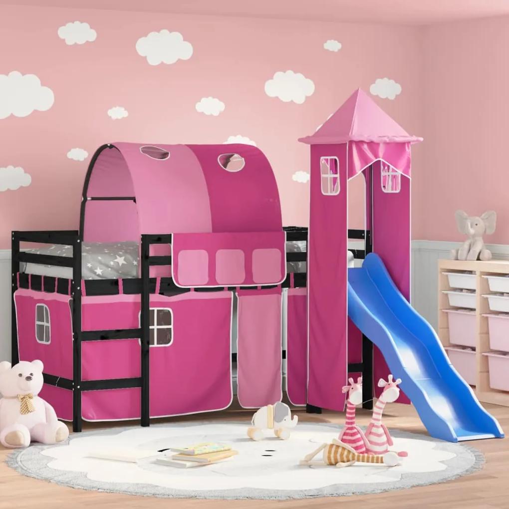 Dětská patrová postel s věží růžová 90 x 190 cm masiv borovice,  3207116